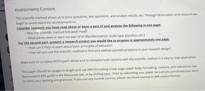 Solved Assessments Content The scientific method allows us | Chegg.com