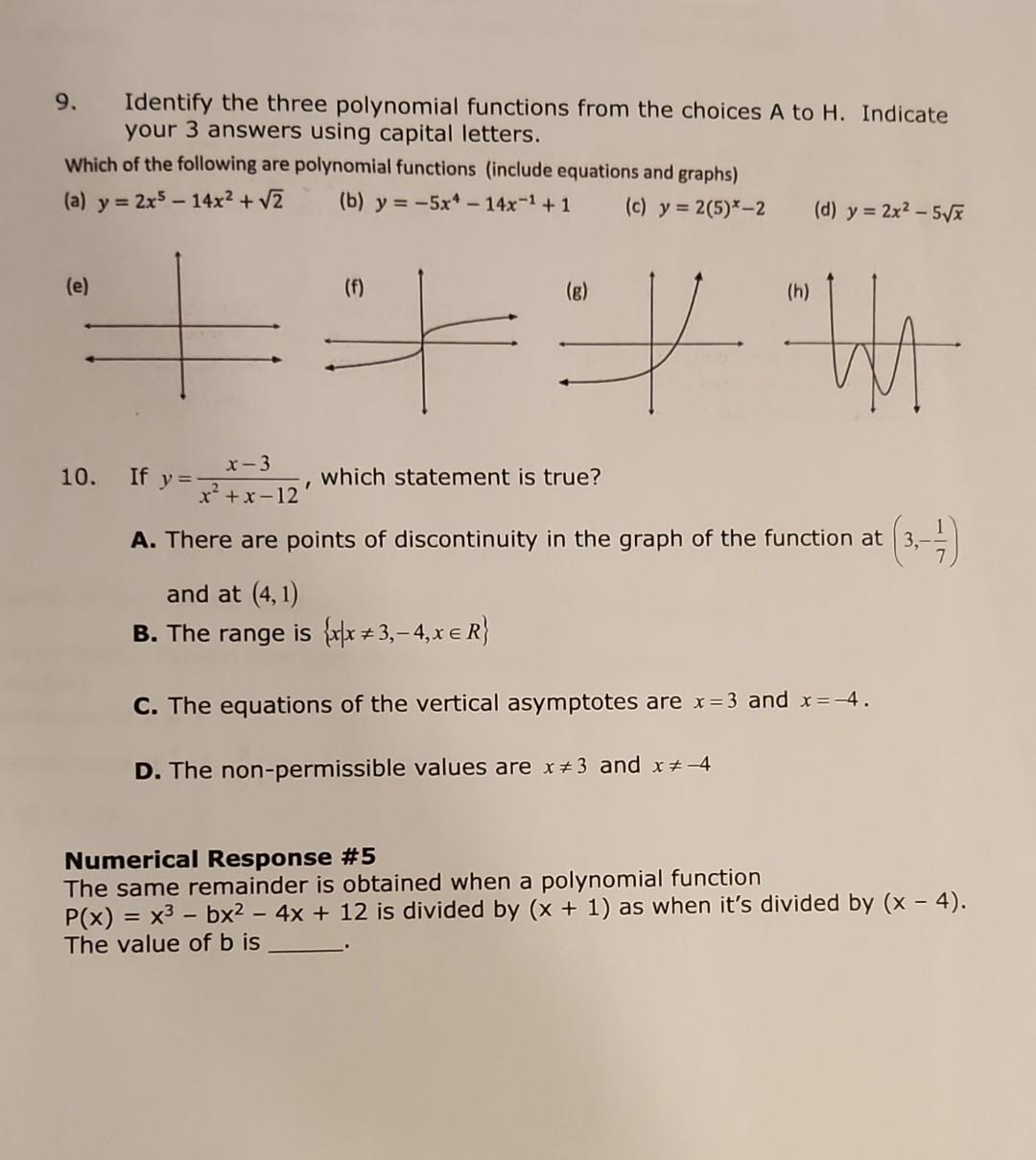 Solved 9. Identify the three polynomial functions from the | Chegg.com