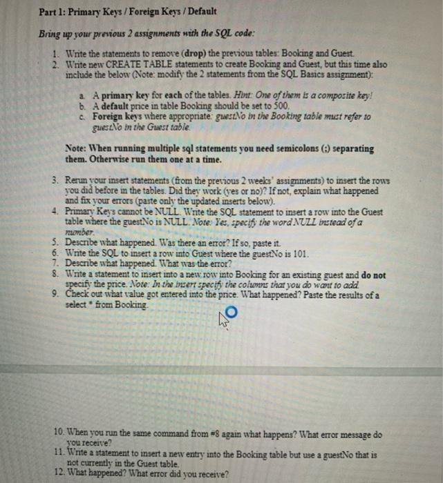 Solved Part 1: Primary Keys / Foreign Keys / Default Bring | Chegg.com