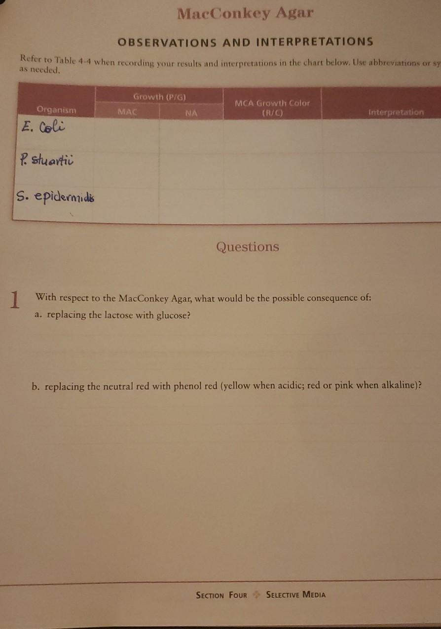 MacConkey Agar OBSERVATIONS AND INTERPRETATIONS Refer | Chegg.com