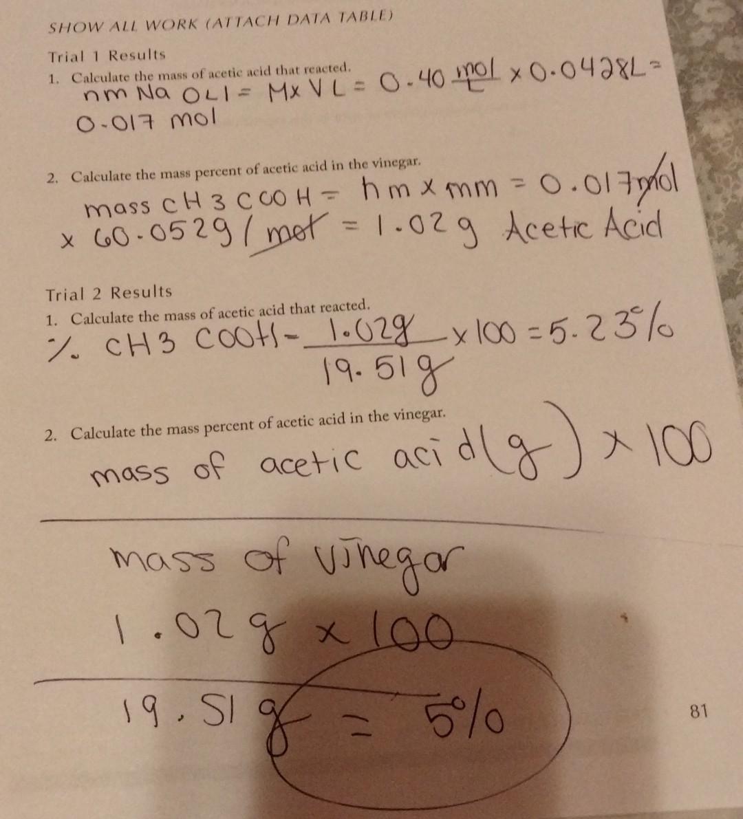 Trial 3 Results 1. Calculate the mass of acetic acid | Chegg.com