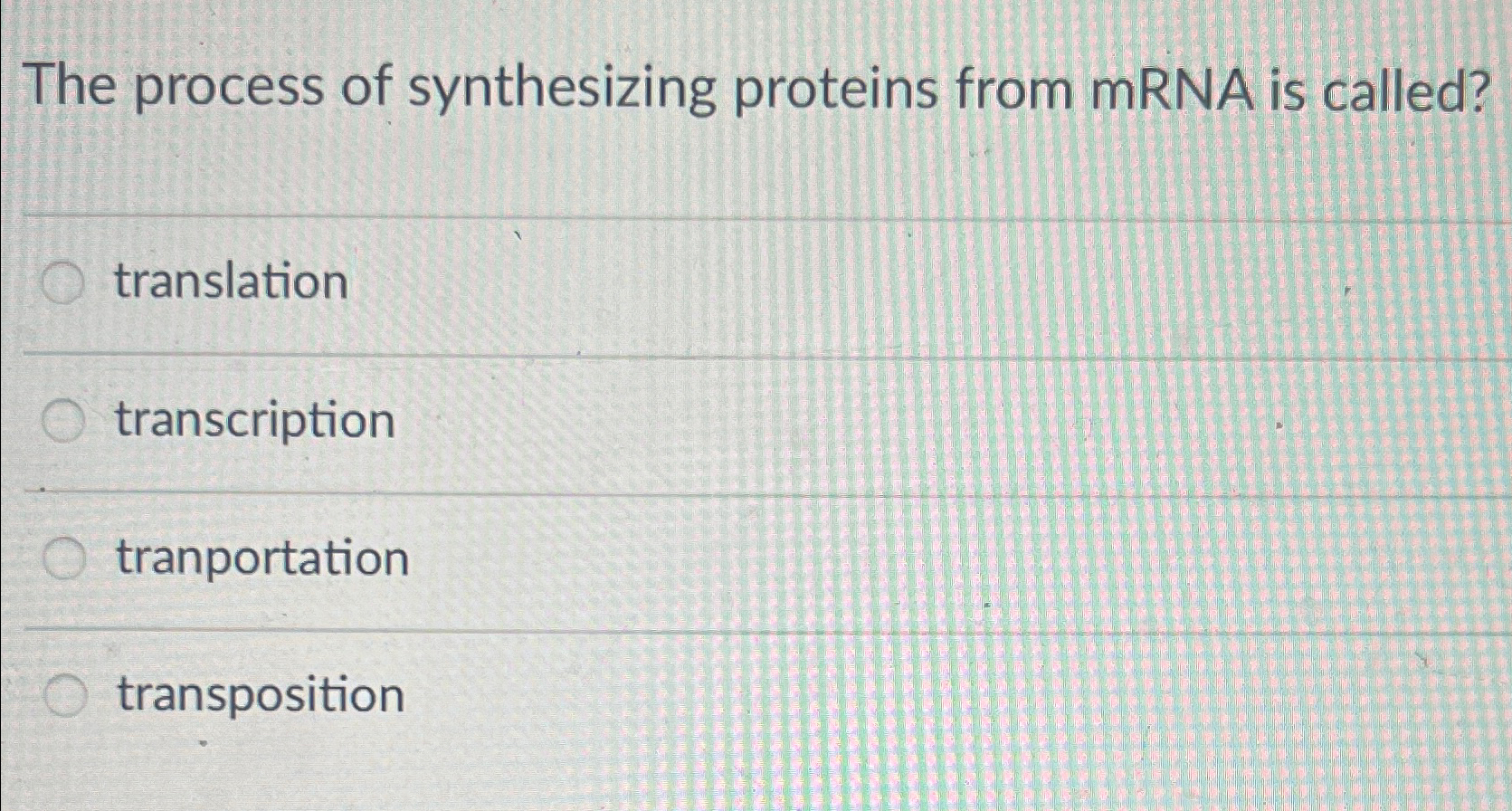 Solved The process of synthesizing proteins from mRNA is | Chegg.com