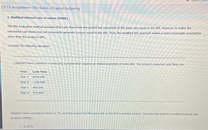 Solved 4 Modified Internal Rate Of Return Mirr The Irr