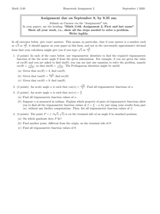 Solved Math 1149 Homework Assignment 2 September 1 2020 | Chegg.com
