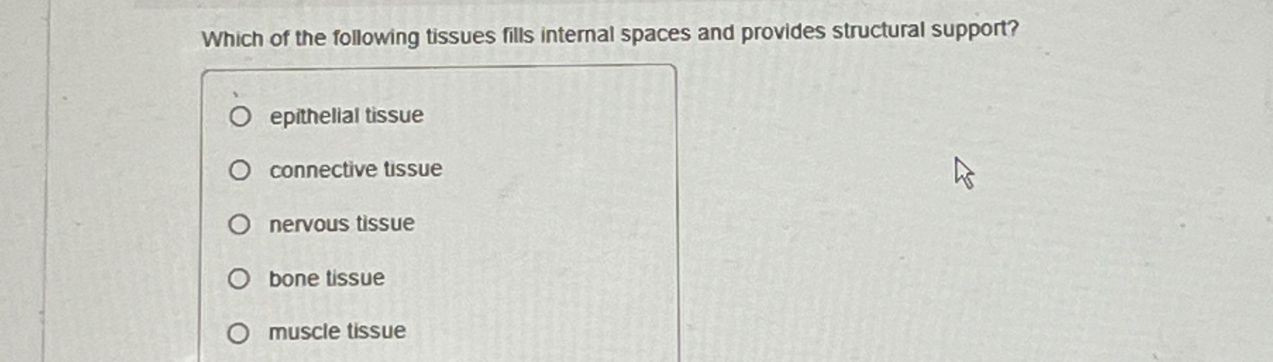 Solved Which of the following tissues fills internal spaces | Chegg.com
