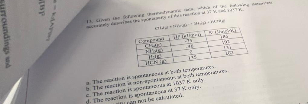 Solved Given the following thermodynamic data, which of the | Chegg.com