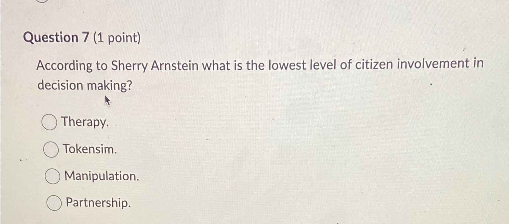 Solved Question 7 (1 ﻿point)According to Sherry Arnstein | Chegg.com
