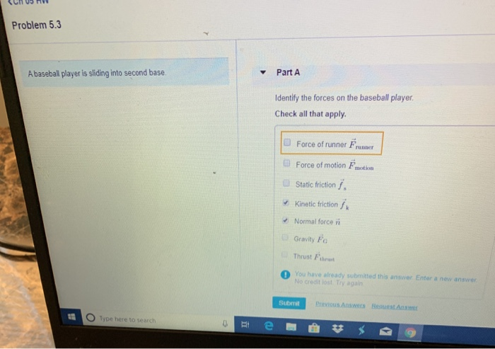 Solved Part A Identify the forces on the baseball player. | Chegg.com
