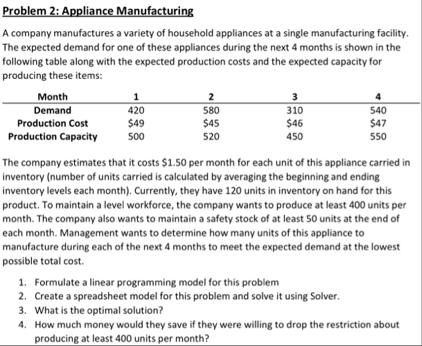 Solved Problem 2: Appliance ManufacturingA company | Chegg.com