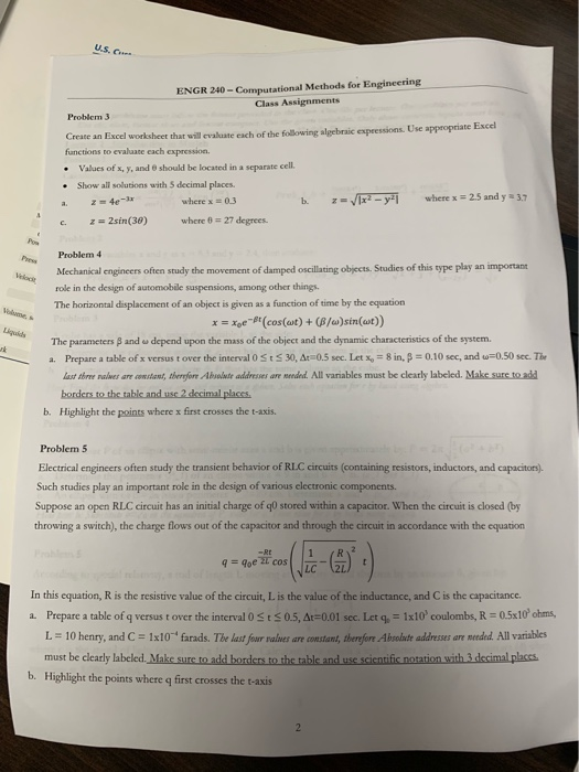 Solved Engr 240 Computational Methods For Engineering Class 