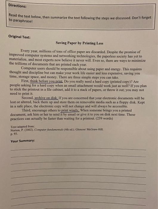 Directions: Read the text below, then summarize the | Chegg.com