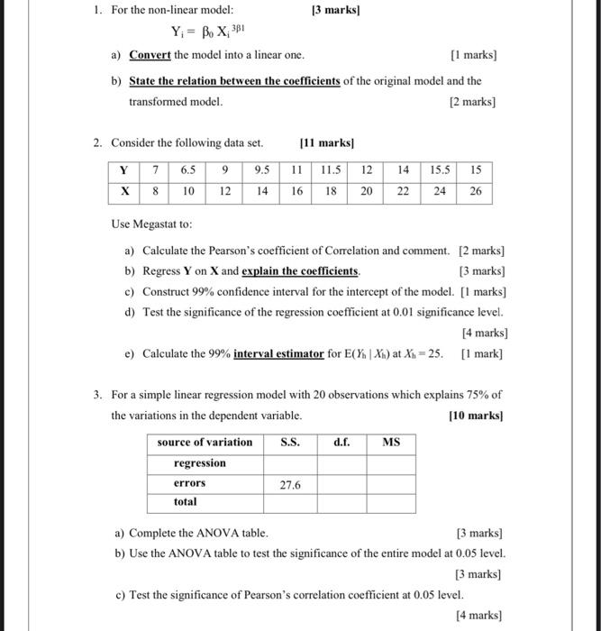 Solved 1 For The Non Linear Model [3 Marks] Yi β0xi3β1 A