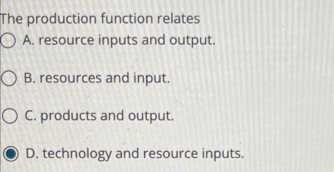Solved The production function relatesA. ﻿resource inputs | Chegg.com