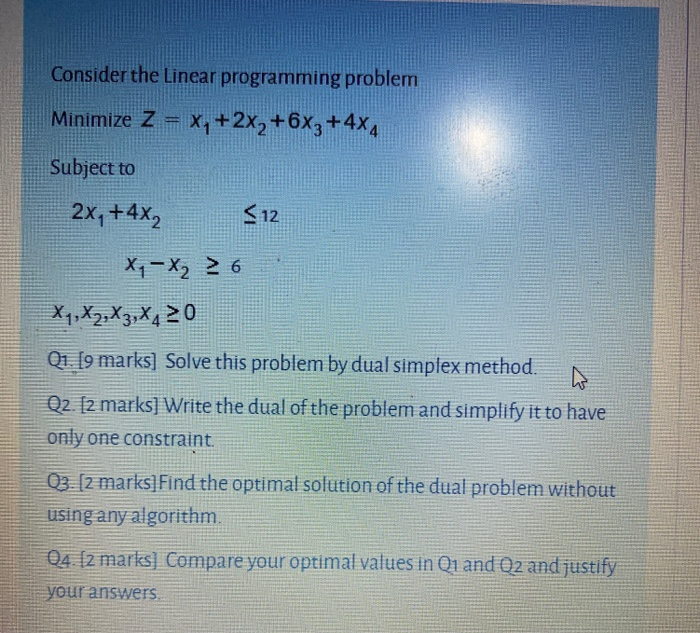 Solved Consider the Linear programming problem Minimize Z = | Chegg.com