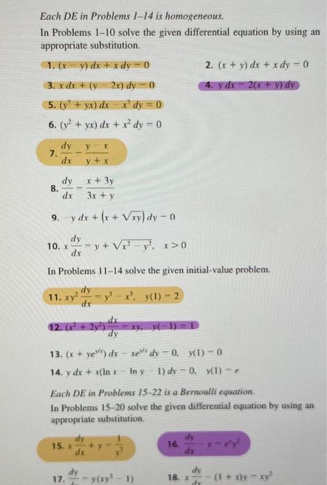Solved Each DE in Problems 1-14 is homogeneous. In Problems | Chegg.com