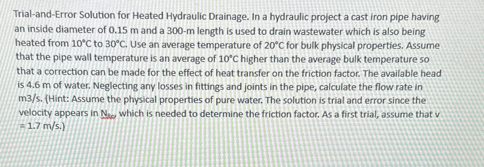 Trial-and-Error Solution for Heated Hydraulic | Chegg.com