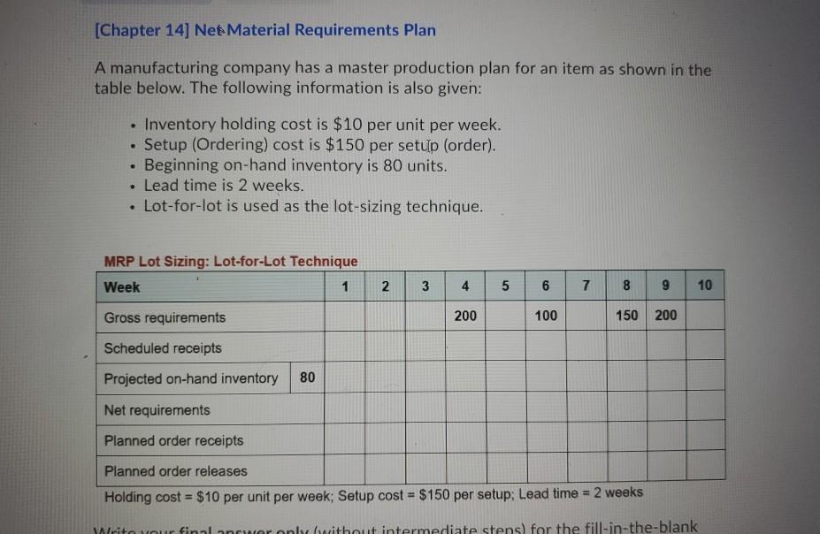 Solved (Chapter 14] Net Material Requirements Plan A | Chegg.com
