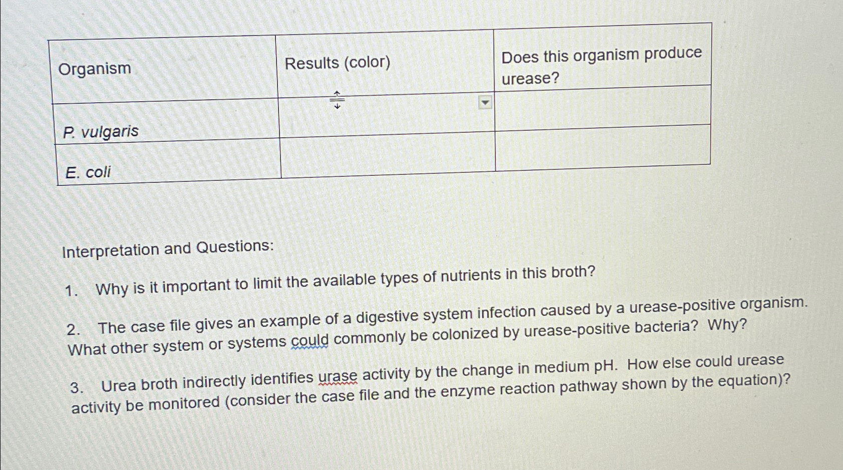 Solved \table[[Organism,\table[[Results (color)],[Does this | Chegg.com