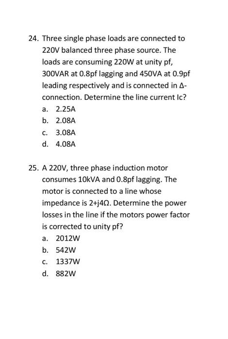 Solved 24. Three single phase loads are connected to 220V | Chegg.com