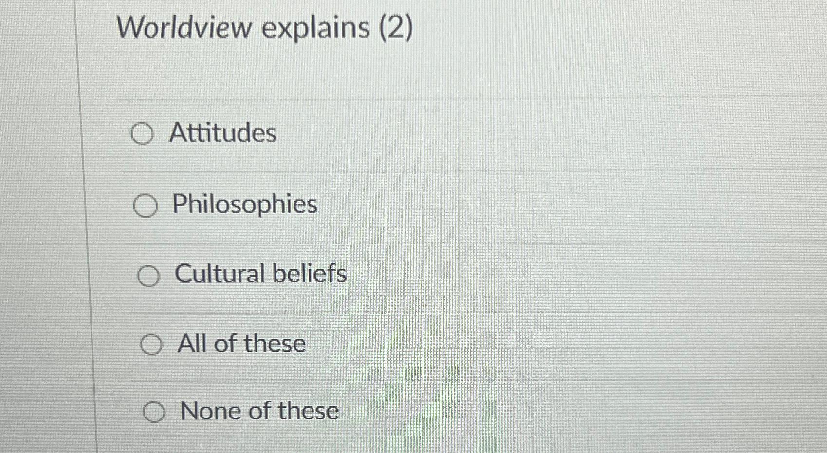 Solved Worldview explains (2)AttitudesPhilosophiesCultural | Chegg.com