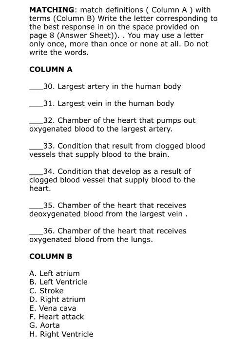 Solved MATCHING: match definitions ( Column A) with terms | Chegg.com