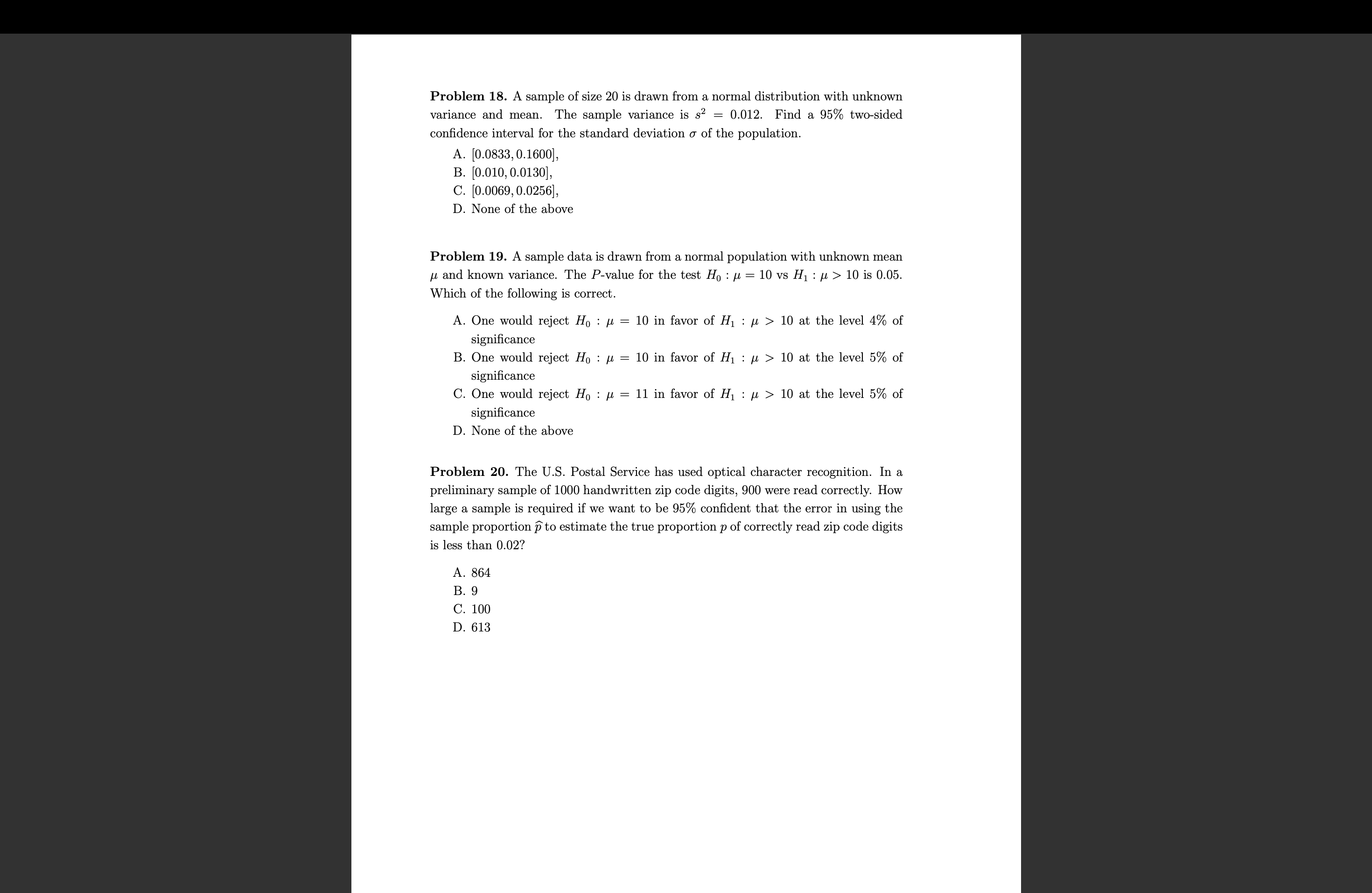 Solved Problem 18. ﻿A sample of ﻿size 20 is ﻿drawn from a | Chegg.com