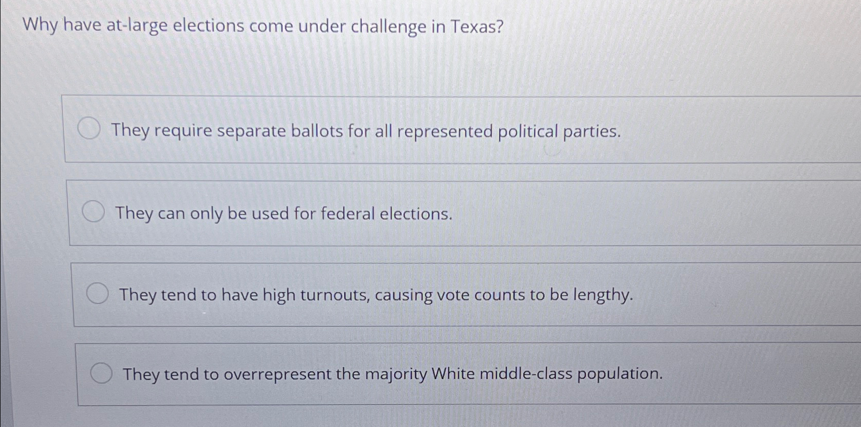 Solved Why have at-large elections come under challenge in | Chegg.com