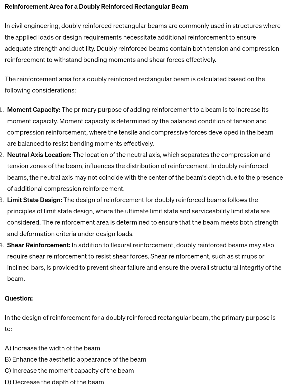 Solved Reinforcement Area for a Doubly Reinforced | Chegg.com