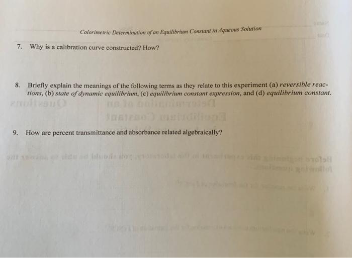 Solved Colorimetric Determination Of An Equilibrium Constant