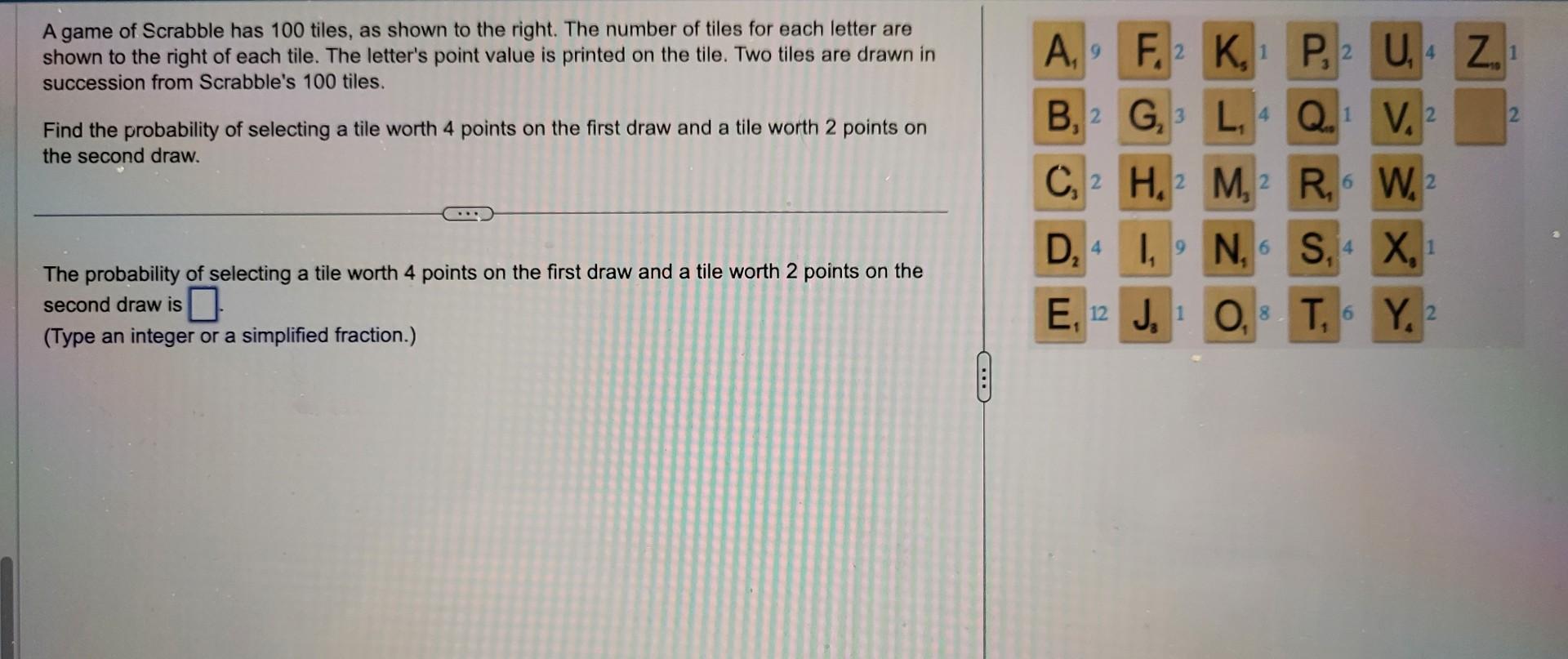 Solved A game of Scrabble has 100 tiles, as shown to the | Chegg.com