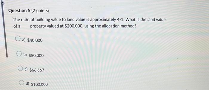 Solved The ratio of building value to land value is | Chegg.com
