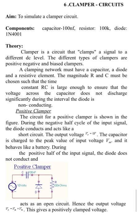 Solved 6.CLAMPER - CIRCUITS Aim: To simulate a clamper | Chegg.com