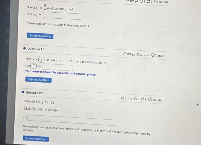 Solved If sec(x)=79 (in Quadrant-1), find sin(2x)= (Pleose | Chegg.com