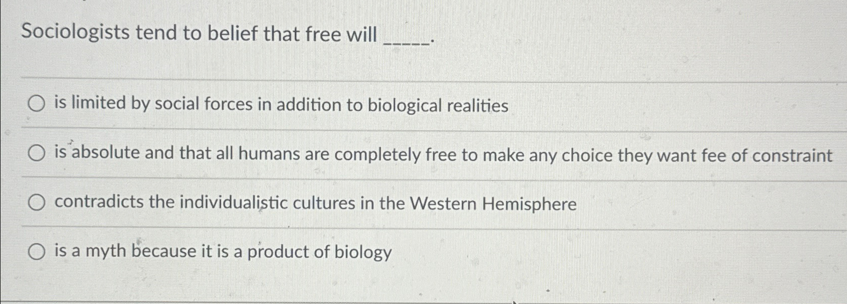 Solved Sociologists tend to belief that free willis limited | Chegg.com