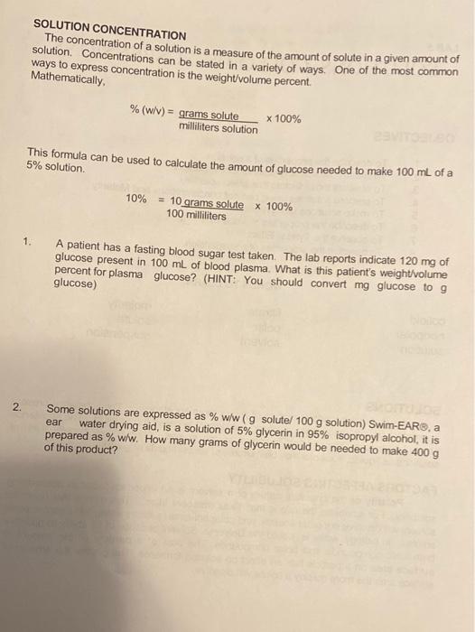 Solved SOLUTION CONCENTRATION The concentration of a | Chegg.com
