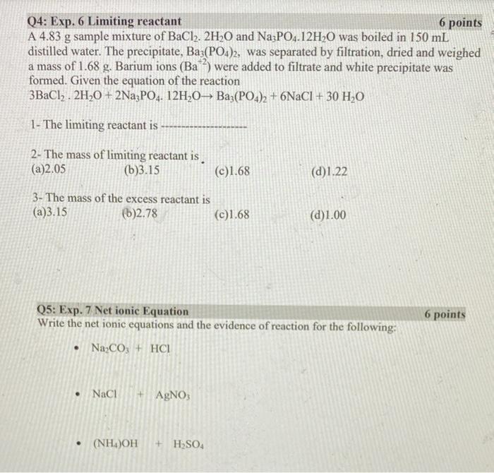 Solved 04: Exp. 6 Limiting reactant 6 points A 4.83 g sample | Chegg.com