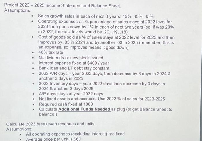 Solved Project 2023 - 2025 Income Statement and Balance | Chegg.com