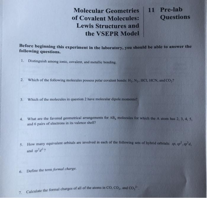 Solved 11 Pre-lab Questions Molecular Geometries of Covalent | Chegg.com