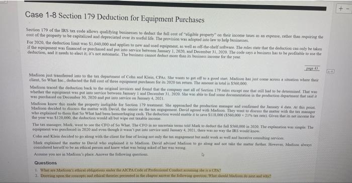 Solved Case 1-8 Section 179 Deduction for Equipment | Chegg.com