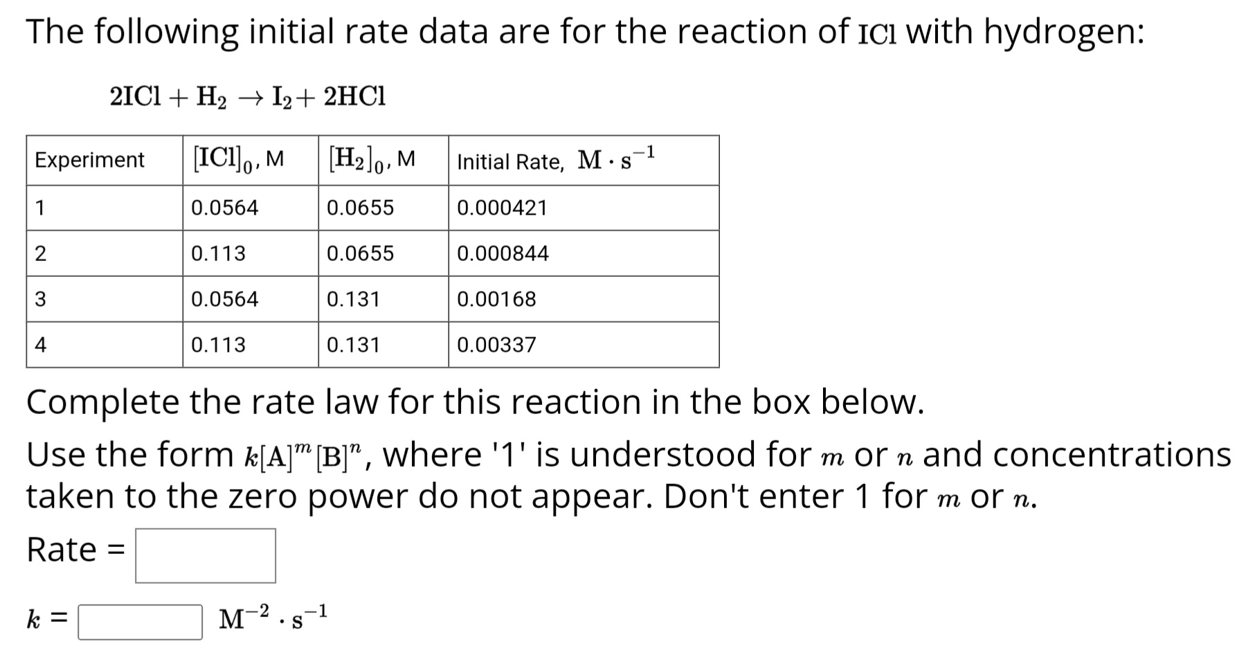 Solved The following initial rate data are for the reaction | Chegg.com