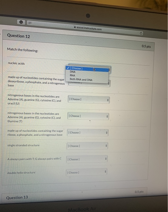 Solved sced instructure.com Question 12 0.5 pts Match the | Chegg.com