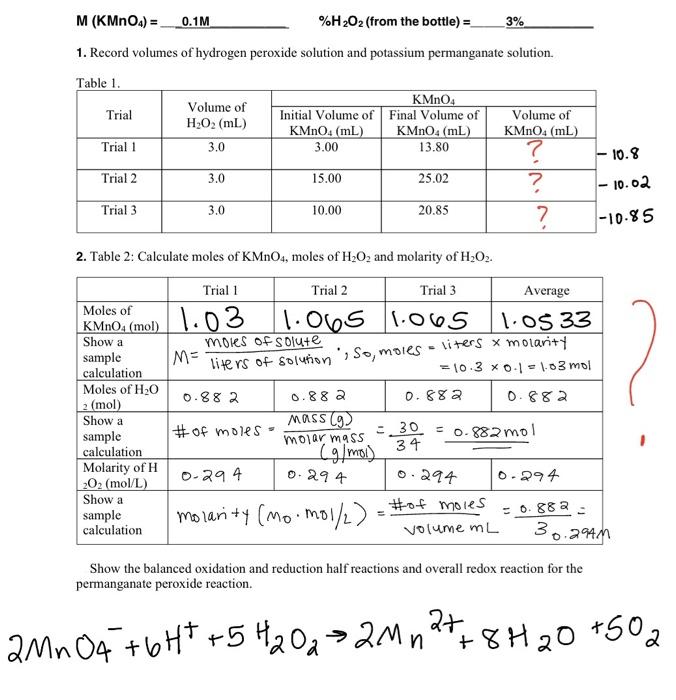 Solved M(KMnO4)= 0.1M %H2O2 (from the bottle) =3% 1. Record | Chegg.com