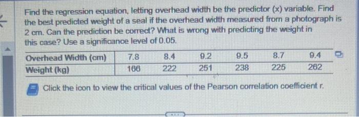 Solved Find the regression equation, letting overhead width | Chegg.com