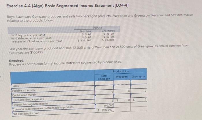 Solved Exercise 4.4 (Algo) Basic Segmented Income Statement | Chegg.com
