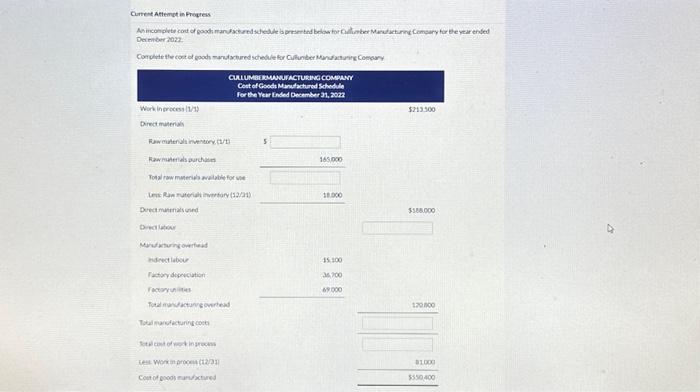 Solved Current Attempt in Progress An incomplete cost of | Chegg.com