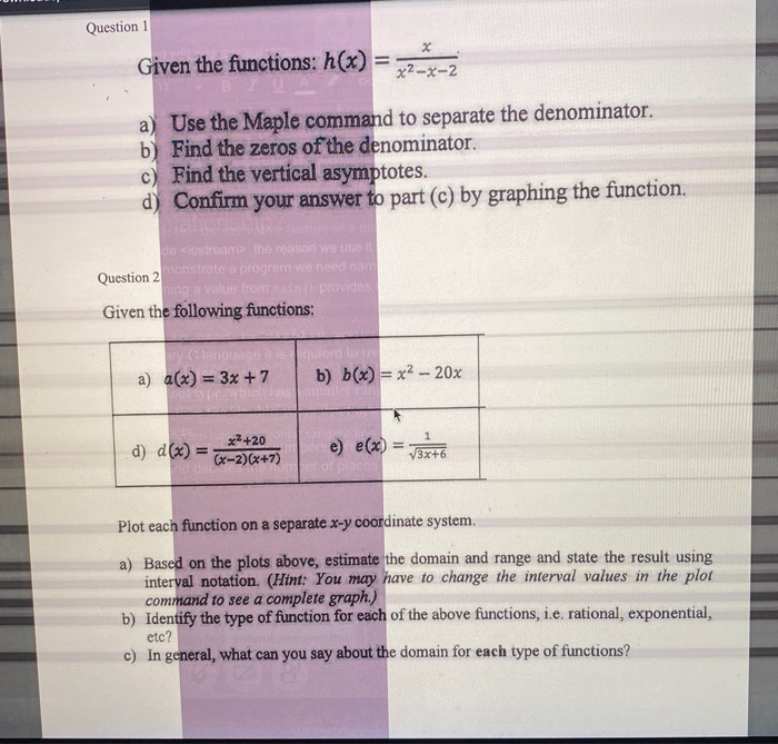 Solved Question 1 Given the functions: h(x) = x2-x-2 a) Use | Chegg.com