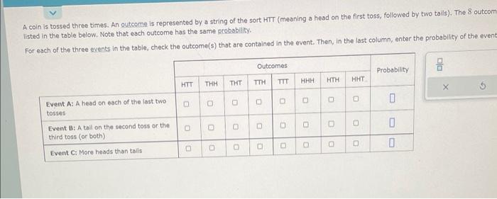 Solved A coin is tossed three times. An outcome is | Chegg.com