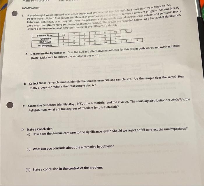 Solved HOMEWORK 1. A psychologist was interested in whether | Chegg.com