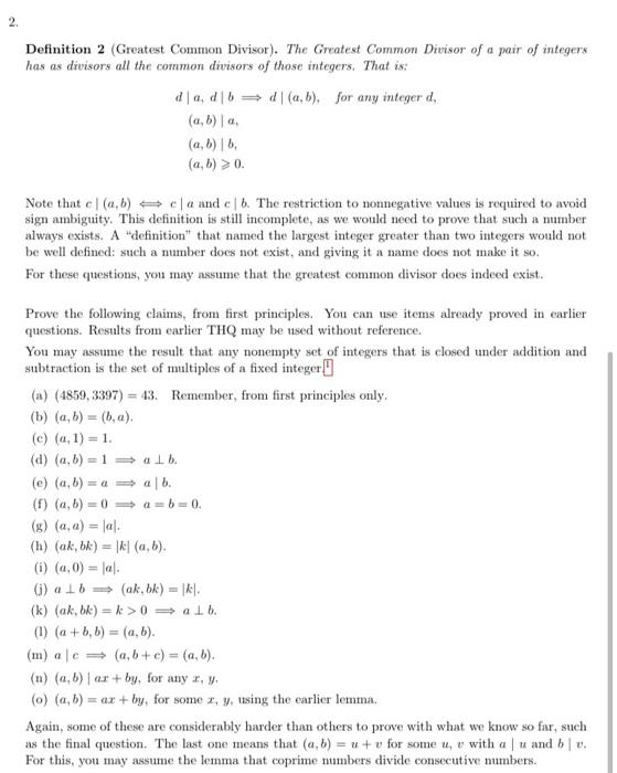 Solved 2 Definition 2 Greatest Common Divisor The