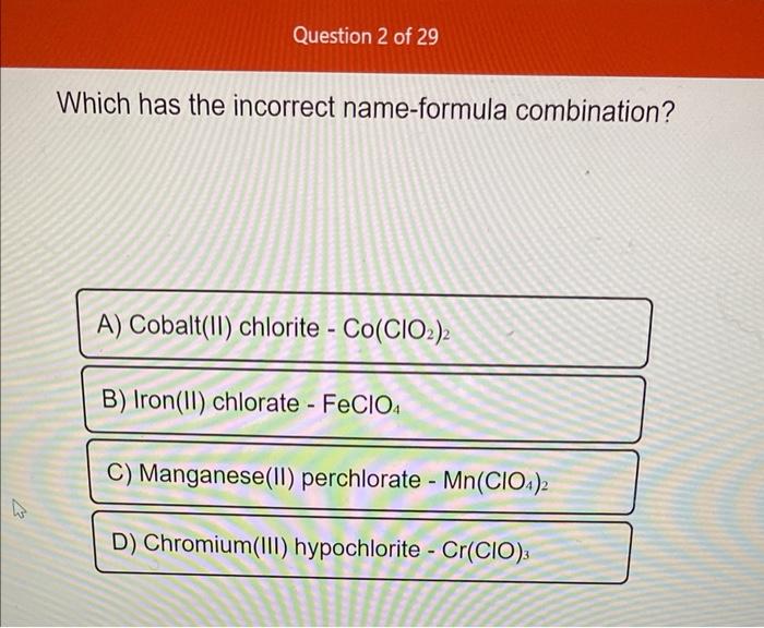 Solved Which has the incorrect name-formula combination? | Chegg.com